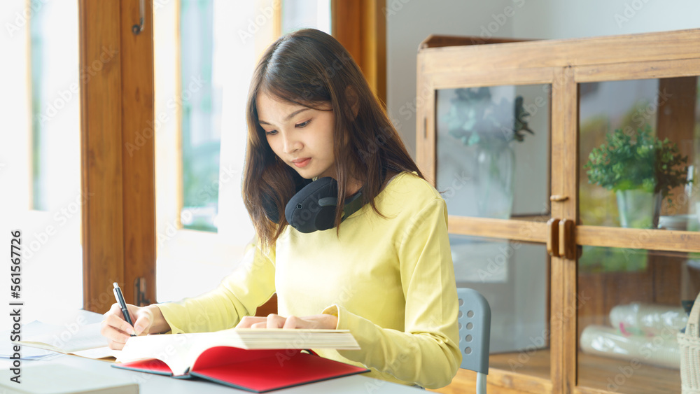Education and literacy concept, College student girl reading textbook ...