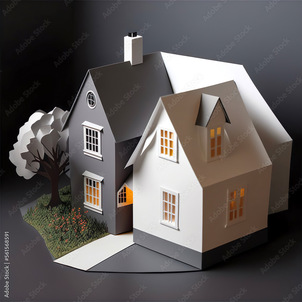 3d paper models of a gray house and white house. Gray background ...