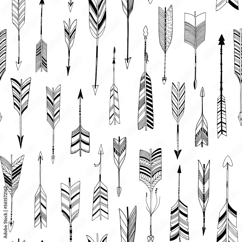 Hand drawn arrows seamless patter. Black and white vector artistic ...
