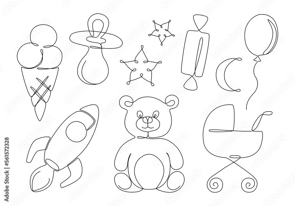 Baby one line drawing elements. Collection of cute kids objects and ...