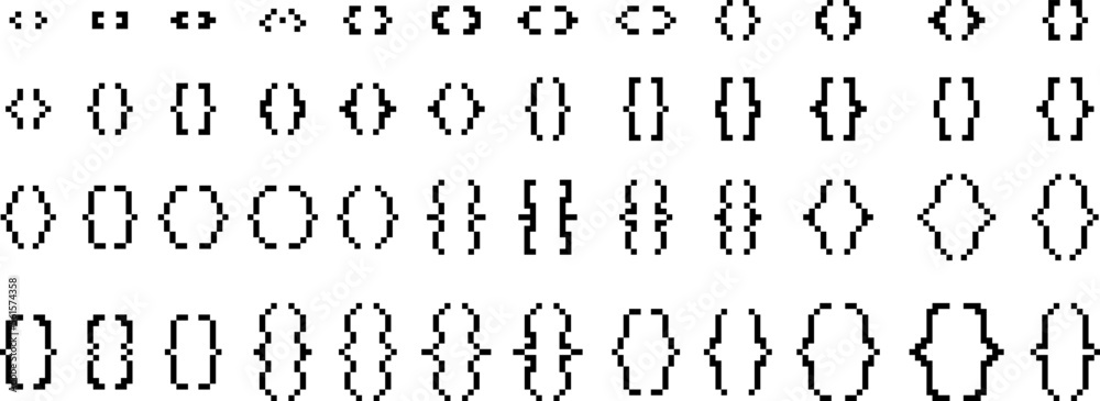8 Bit pixel art curly braces icon set. isolated vector curly braces ...