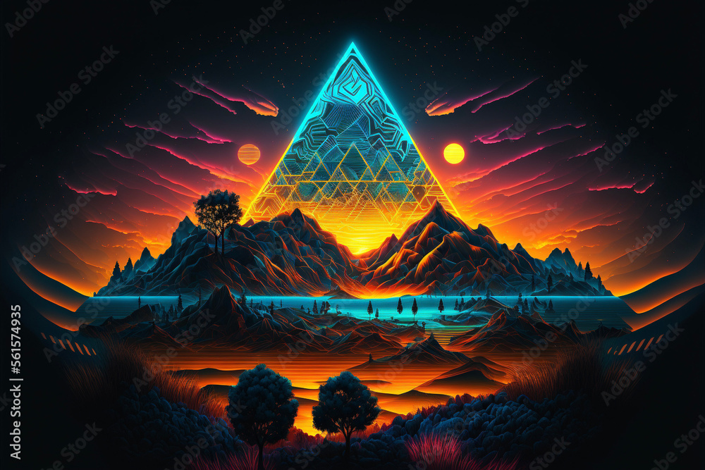 Neon Sacred Geometry in Mountainous Landscape at Sunset Stock ...