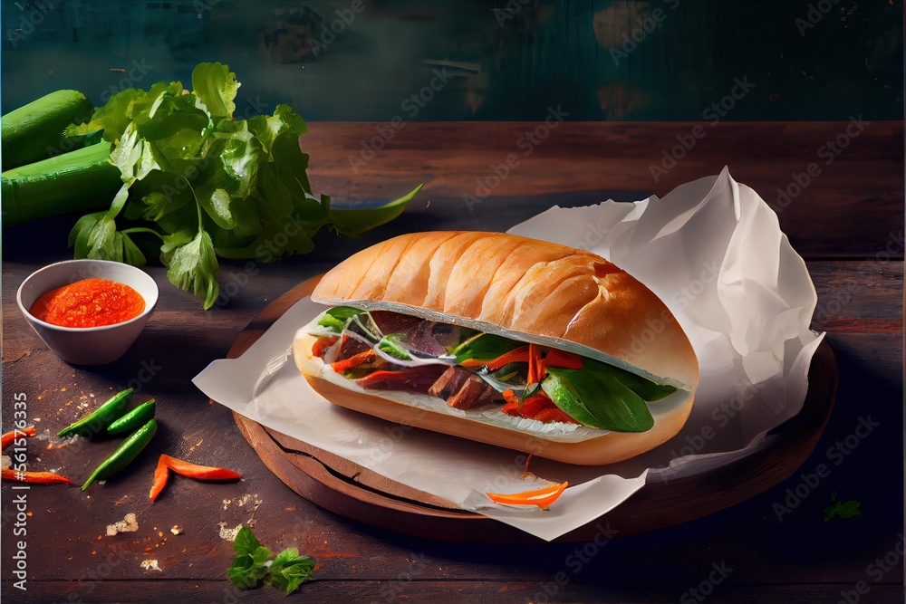 Generative AI illustration of banh mi vietnam bread, food, studio ...