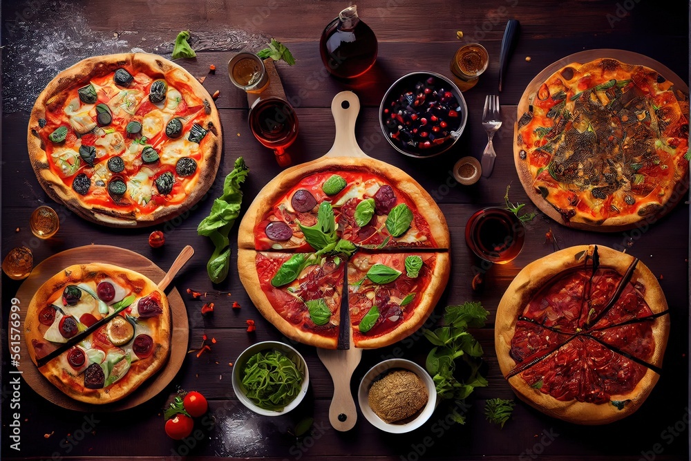 Generative AI illustration of pizza party dinner. Flat-lay of various ...