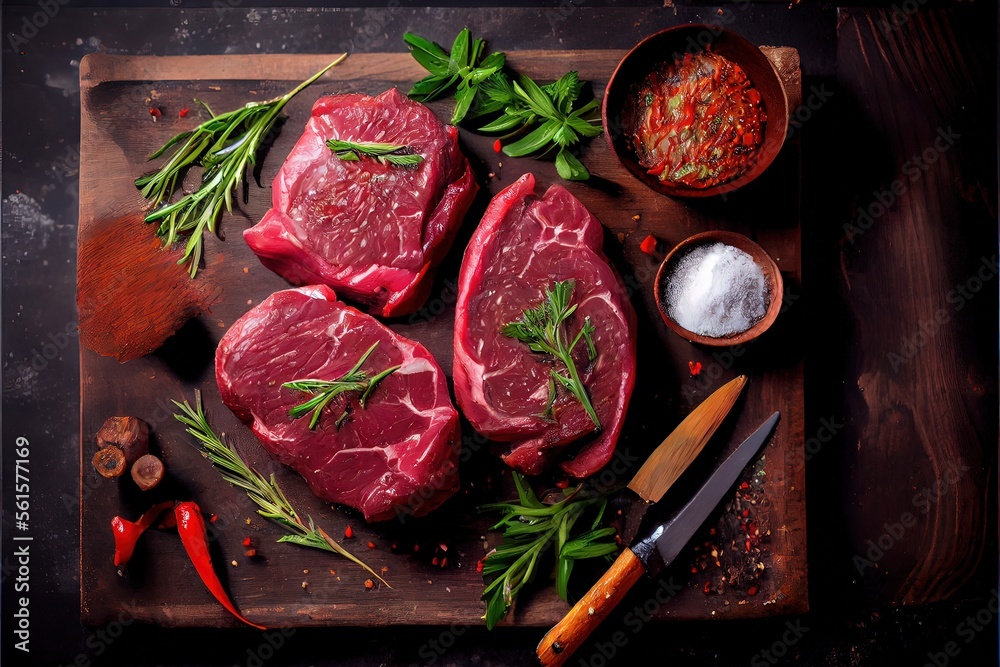 Generative AI illustration of variety of raw beef meat steaks for ...