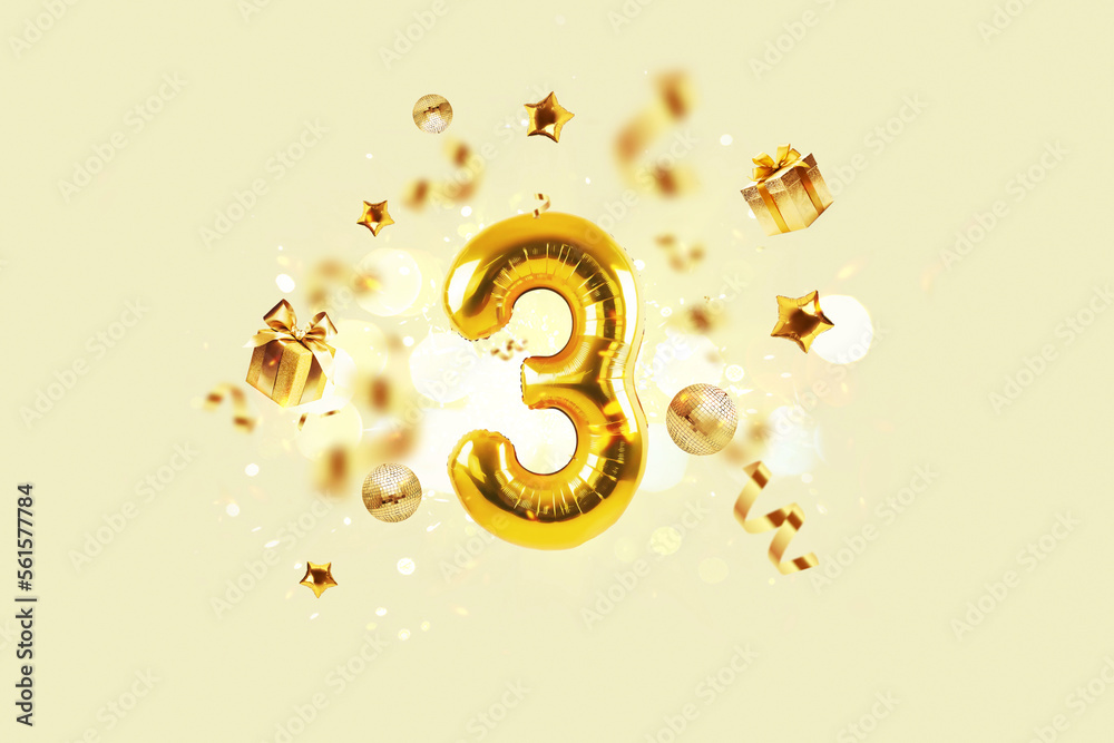 Golden number 3 is flying with golden confetti, gifts, mirror ball and ...