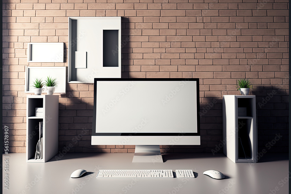 Blank computer screen and new brick interior with creative designer ...
