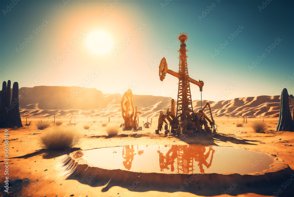 Crude oil extraction facility in a desert area with a puddle of spilled ...