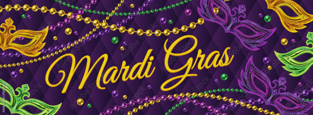Horizontal carnival poster with masks, string of beads, text. Classic ...