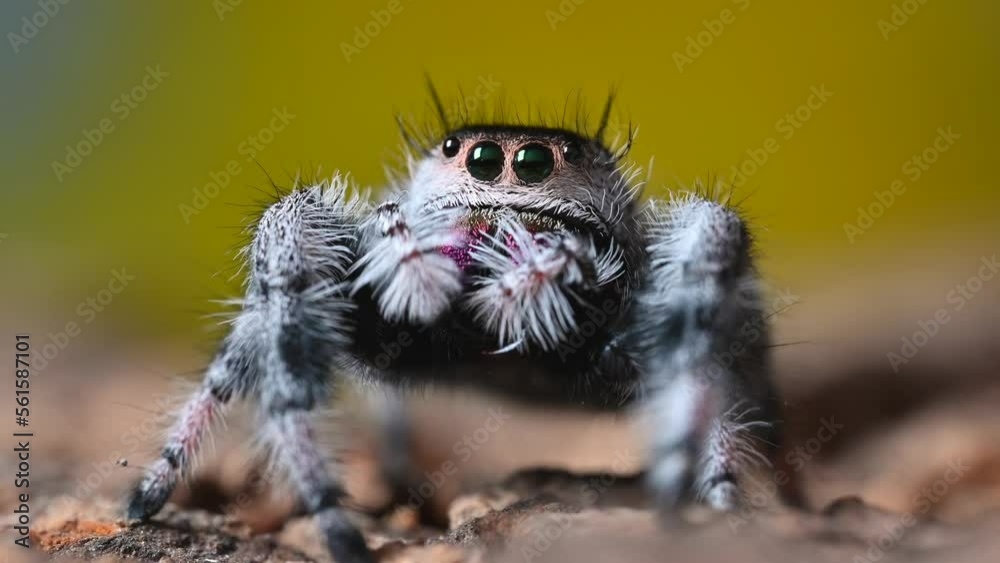 Jumping spider (Phidippus regius) front view, the spider is resting and ...