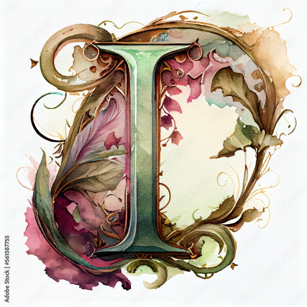 Fantasy watercolor monogram letter I created with generative AI Stock ...