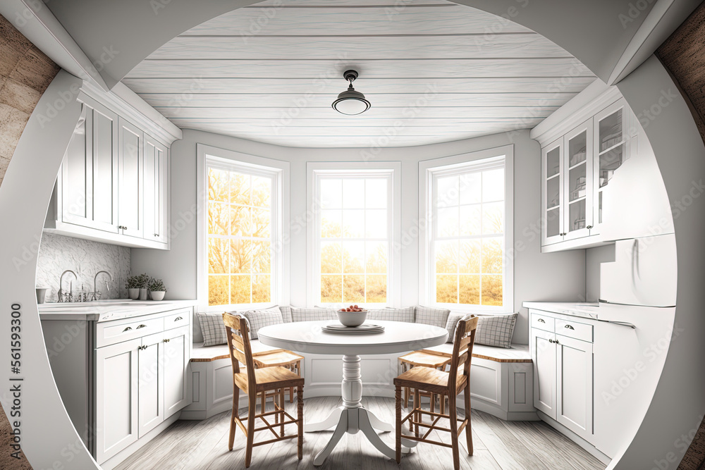 Four seats and a round table are in a white kitchen. Countertops ...