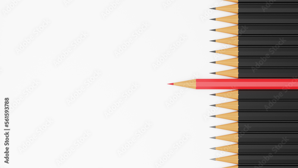 Red pencil standing out from crowd of black pencils on right side of ...