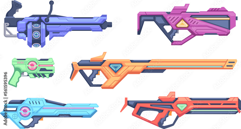 Cartoon weapons. Futuristic comic pistols and guns space blasters toys ...