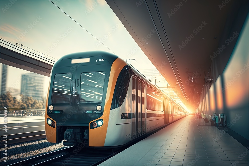 a train is pulling into a train station at sunset time, with the sun ...