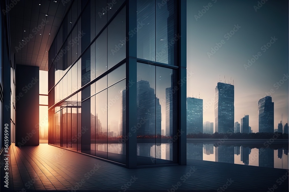 a city skyline is seen through a window at sunset or dawn with the sun ...