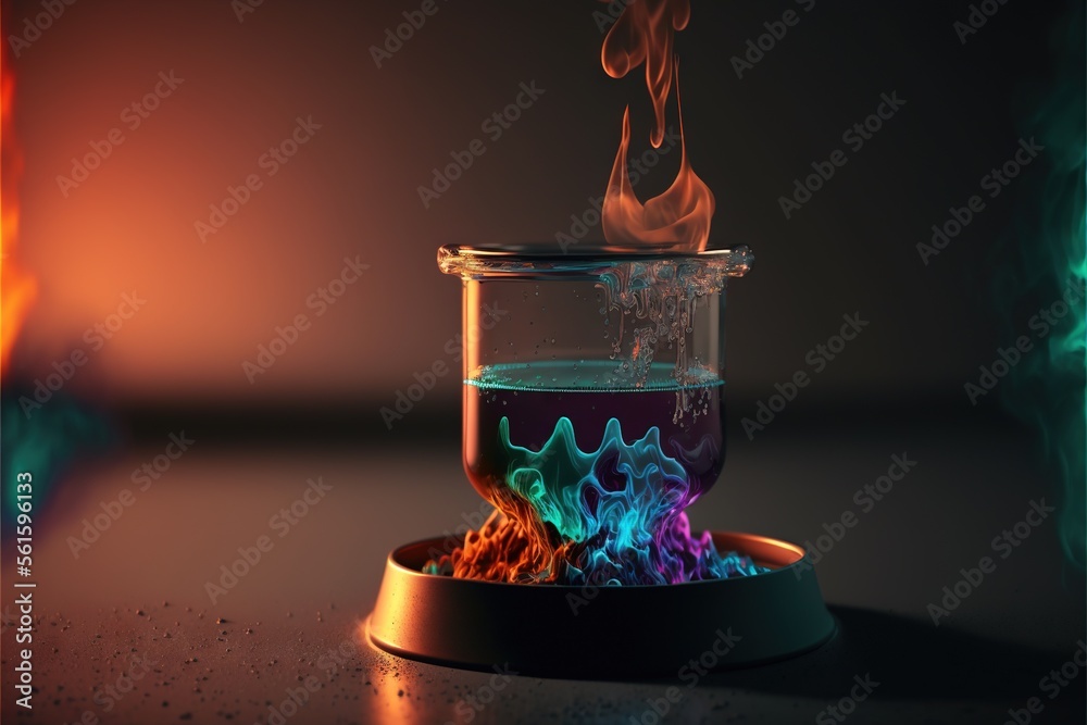 a glass filled with liquid and a flame on top of it on a table with a ...