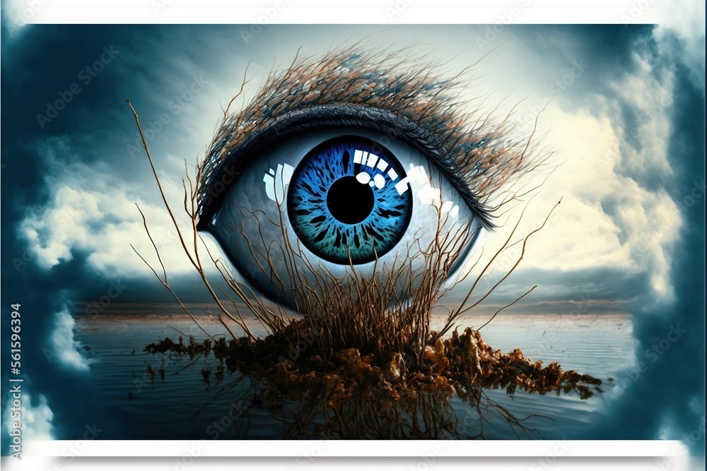 a blue eye with a strange look on it's face is shown in the sky above a ...