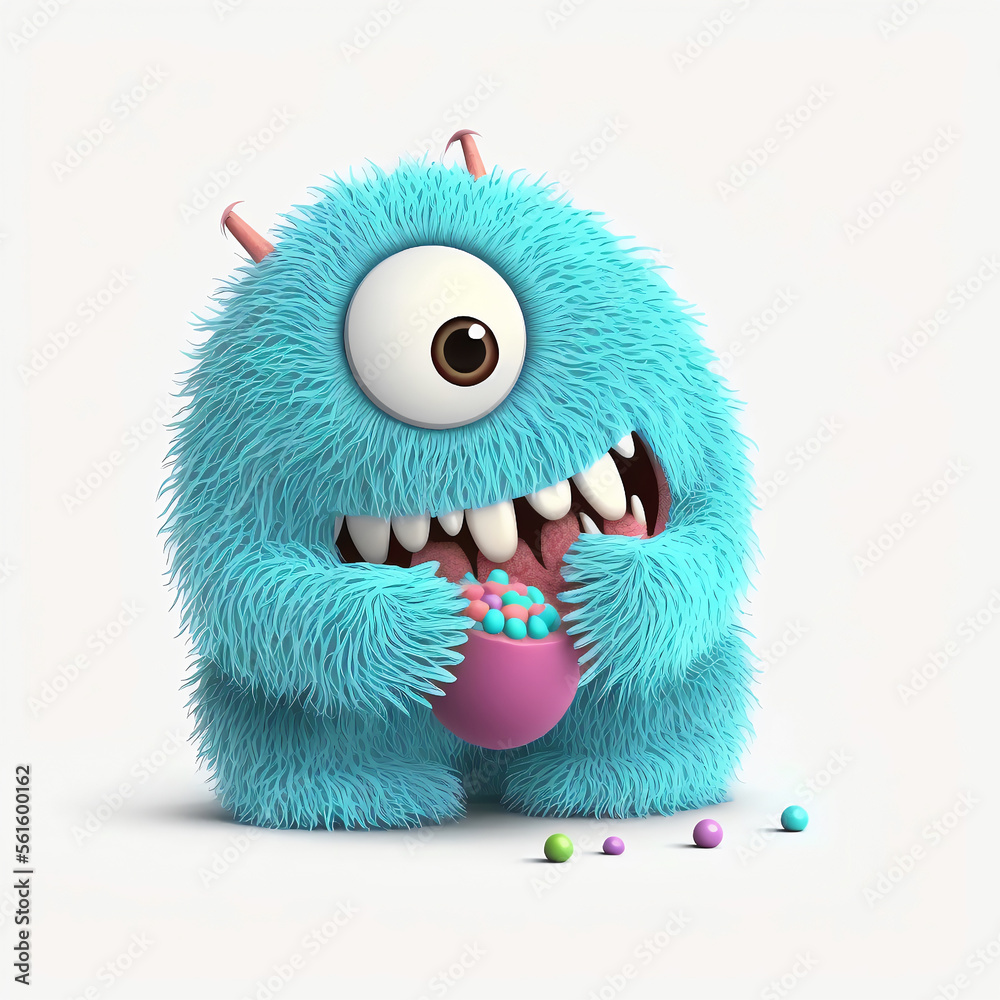 Cute fluffy candy eating monster. Creative digital art. Illustration ...
