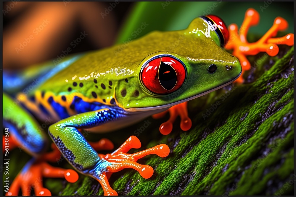 a frog with red eyes sitting on a leaf with other frogs around it's ...