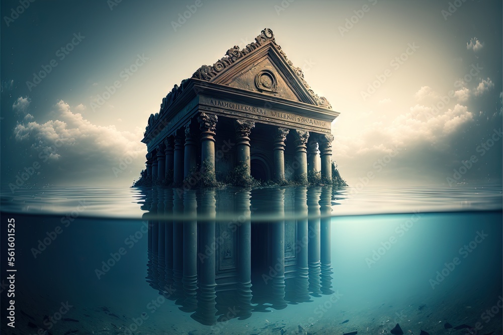 a building floating in the water with a sky background and clouds above ...