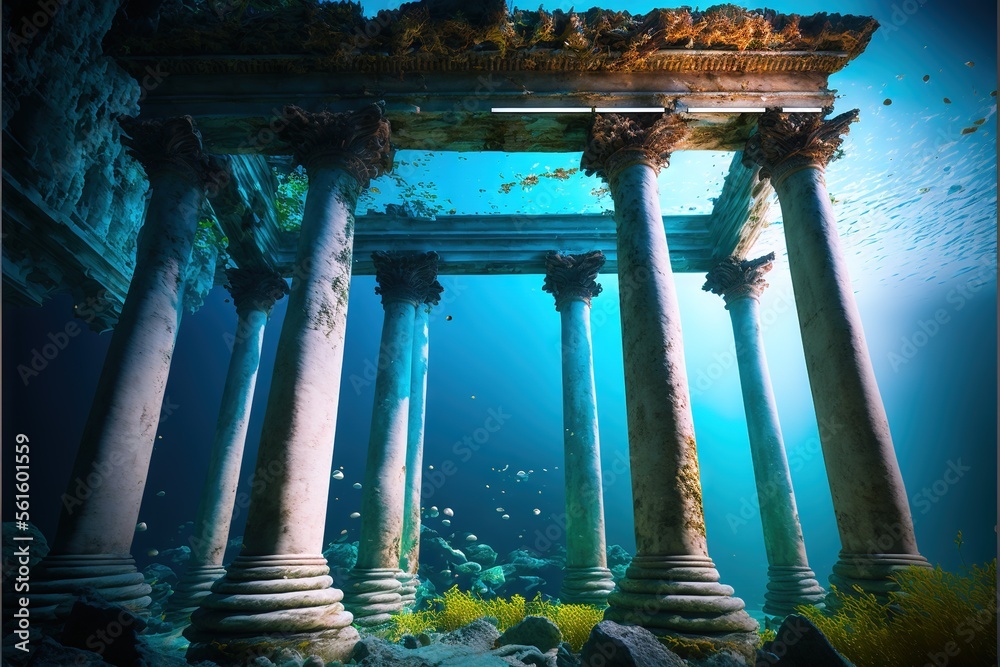a underwater photo of a building with columns and a reef in the ...