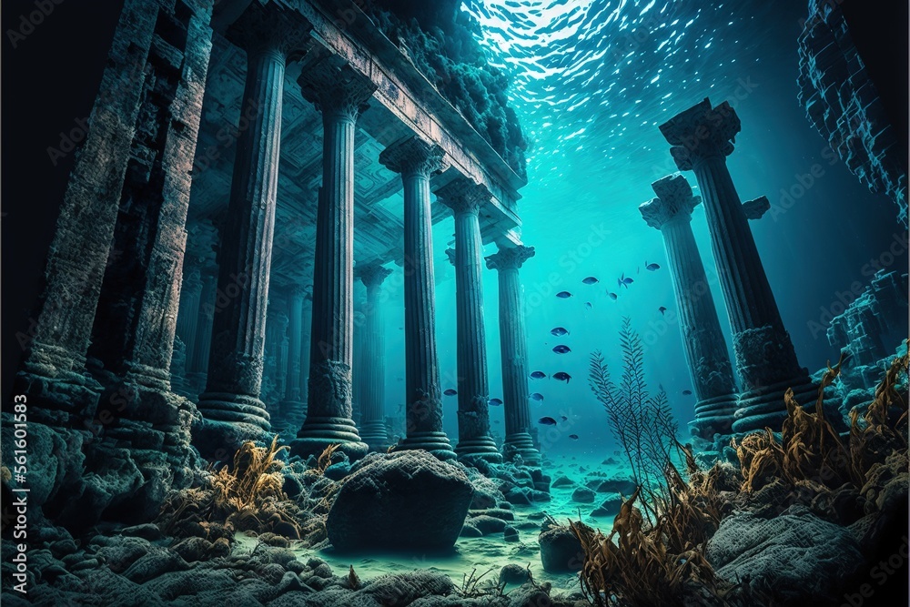 a underwater scene of a building with columns and fish swimming around ...