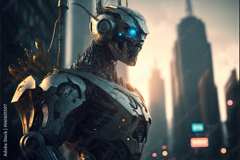 a robot with glowing eyes standing in a city at night with skyscrapers ...