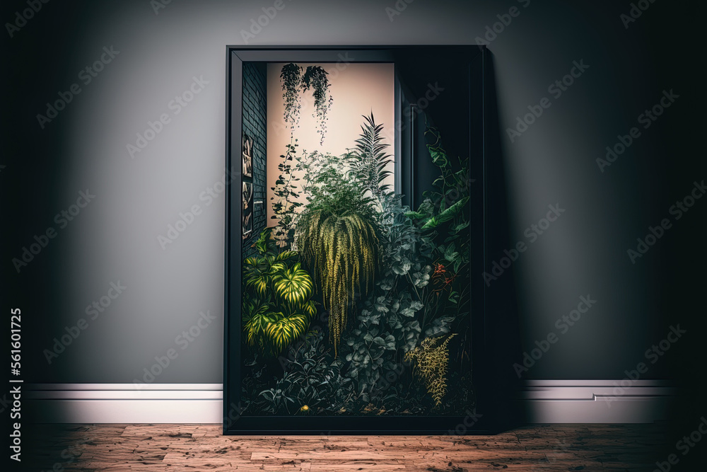 Black frame leaning on the ground in a fake room with plants. Model of ...