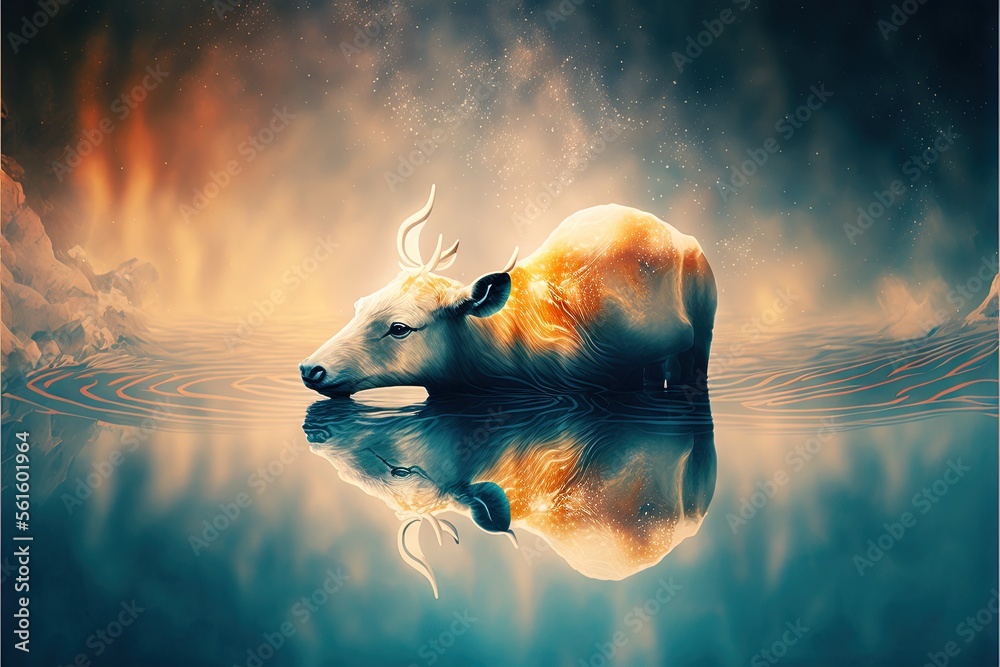 Photo a painting of a bull floating in the water with a sky background ...