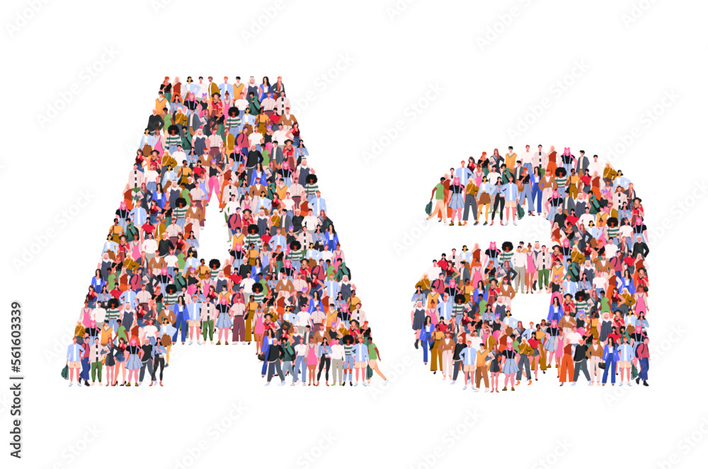 Large group of people in letter A form. People standing together. A ...