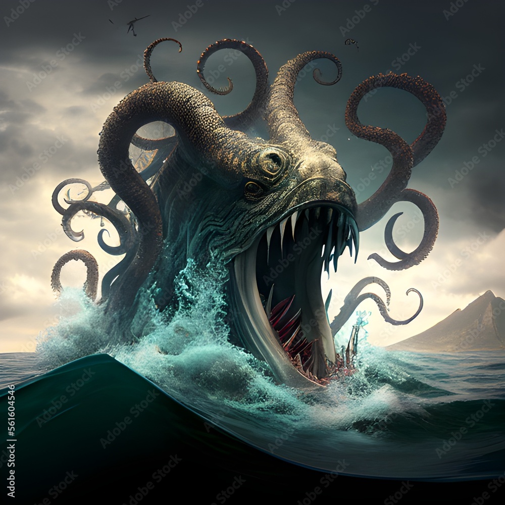 an octopus attacking a boat in the ocean, concept art by Dave Melvin ...