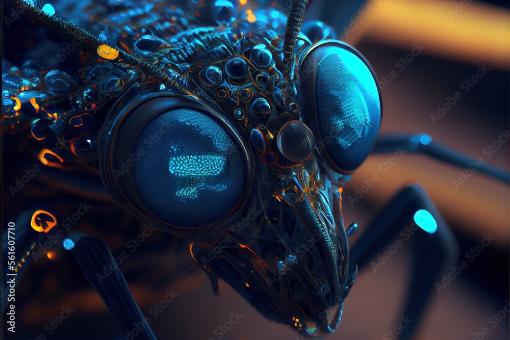 Glowing AI cyborg fly mosquito, menacing glowing, horror, digital ...