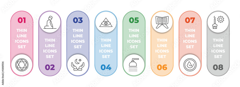 religion infographic element with outline icons and 8 step or option ...