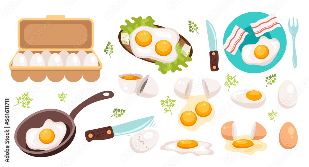 Fried boiled cracked chicken cartoon eggs. Morning breakfast variation ...