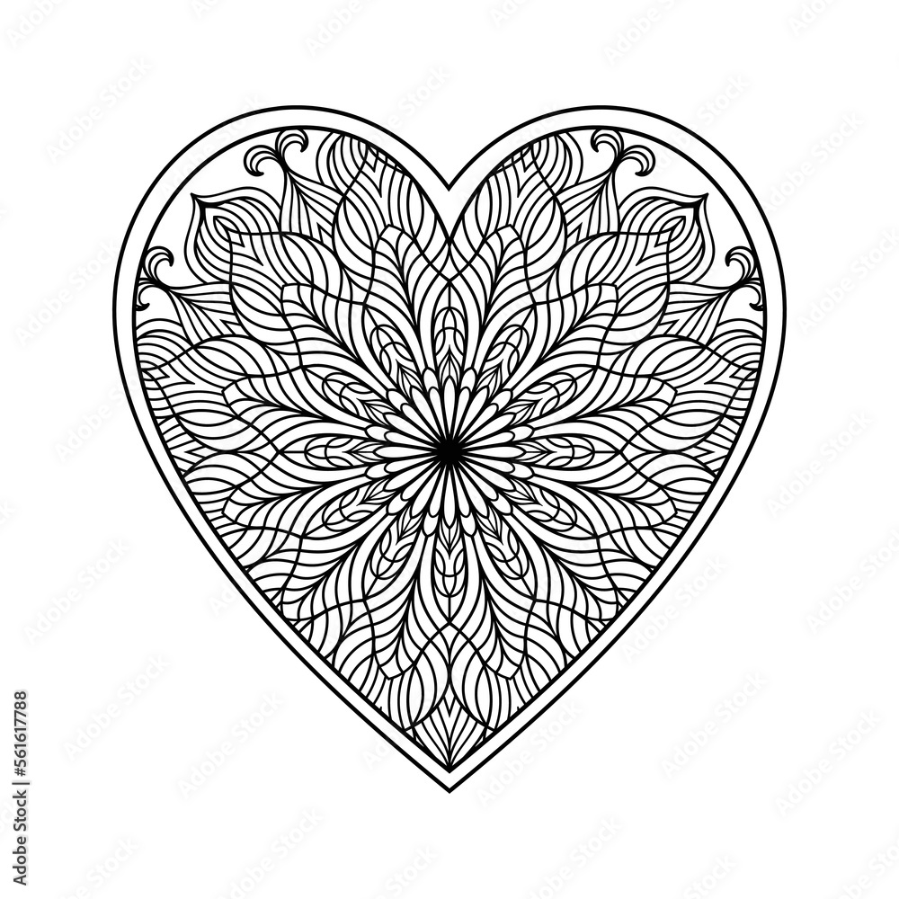 Heart mandala coloring page for adult, heart with floral mandala ...