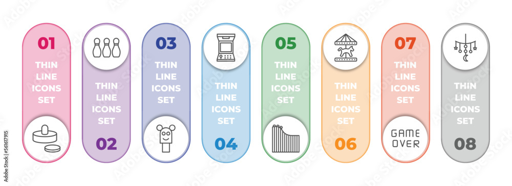 arcade infographic element with outline icons and 8 step or option ...
