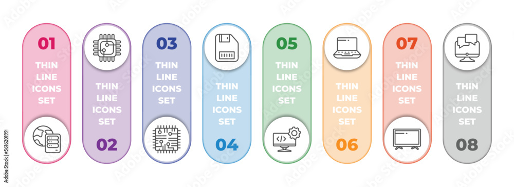 computer infographic element with outline icons and 8 step or option ...