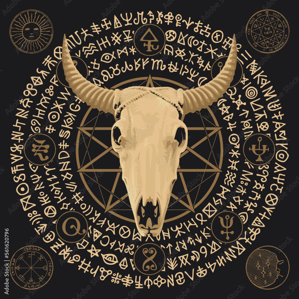 Vector illustration with a horned goat head, pentagram, occult and ...