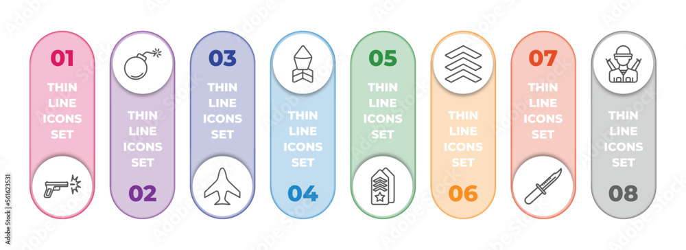 army and war infographic element with outline icons and 8 step or ...