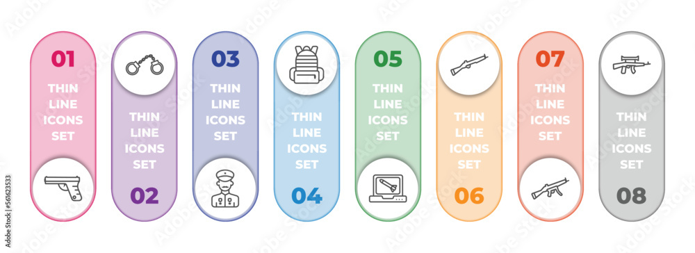 army and war infographic element with outline icons and 8 step or ...