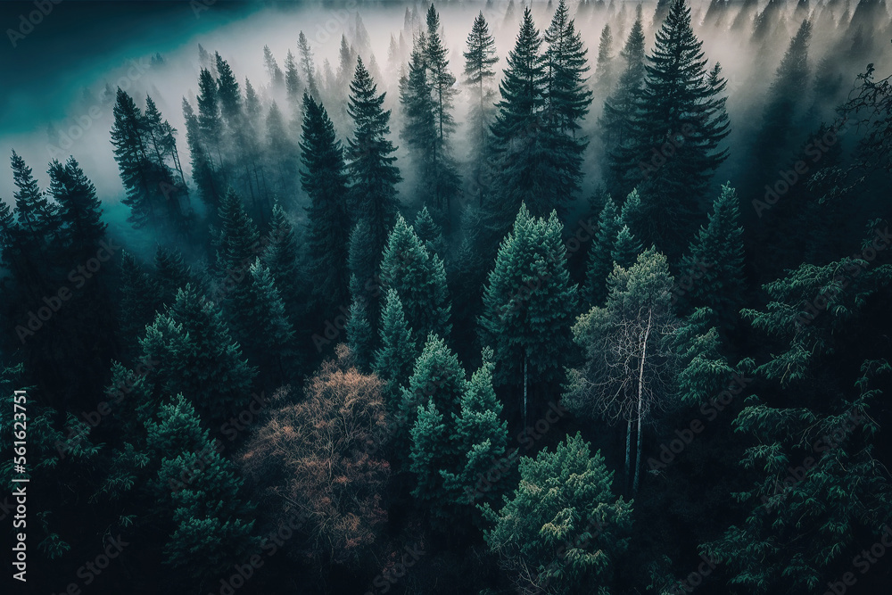 Beautiful foggy dark green forest, top view, aerial photography ...