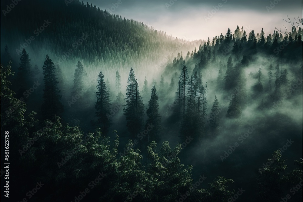 Beautiful foggy dark green forest, top view, aerial photography ...
