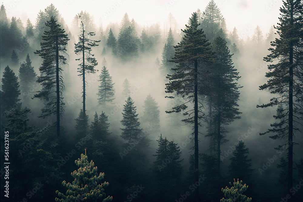 Beautiful foggy dark green forest, top view, aerial photography ...