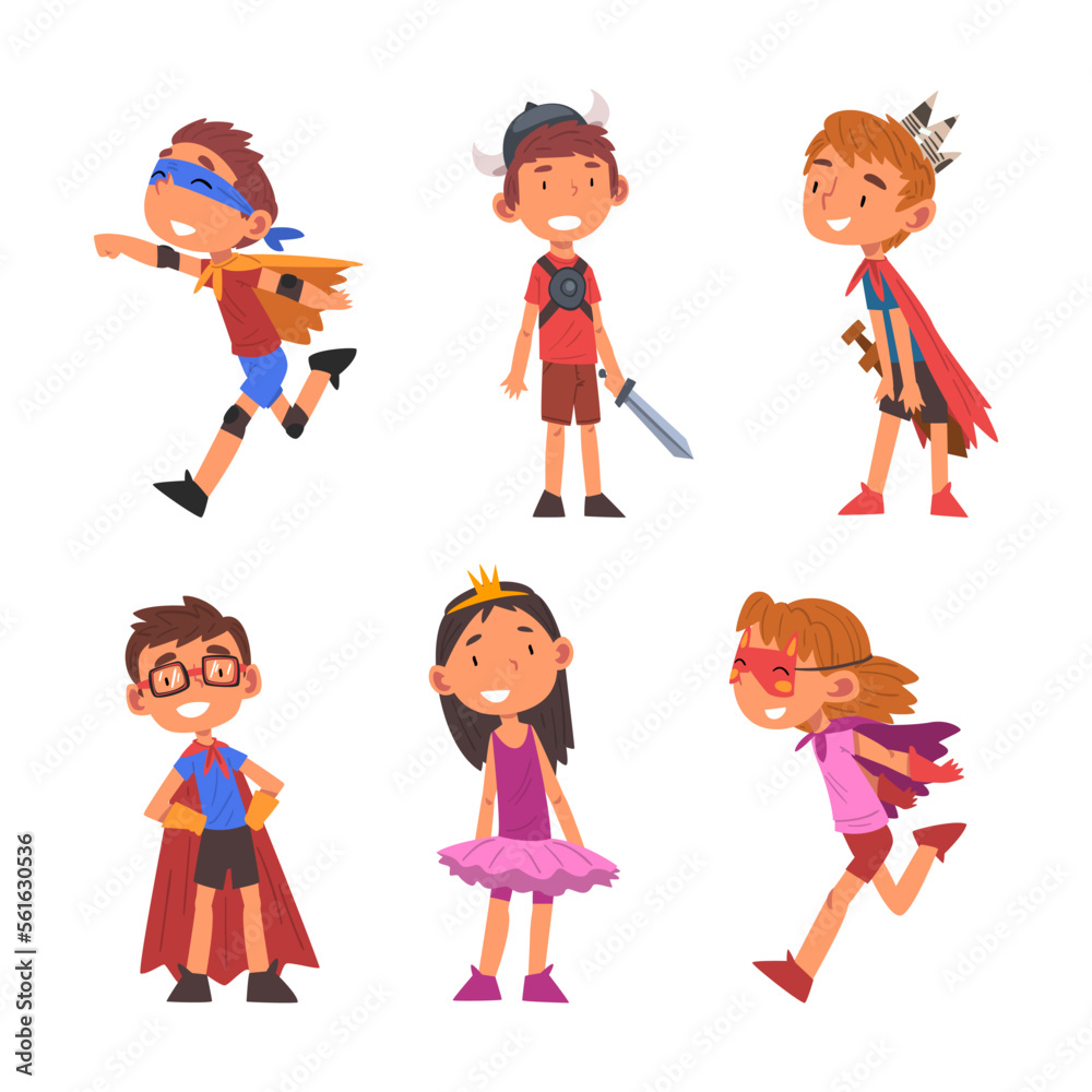 Cute kids in festive costumes. Funny happy boys and girls in carnival ...