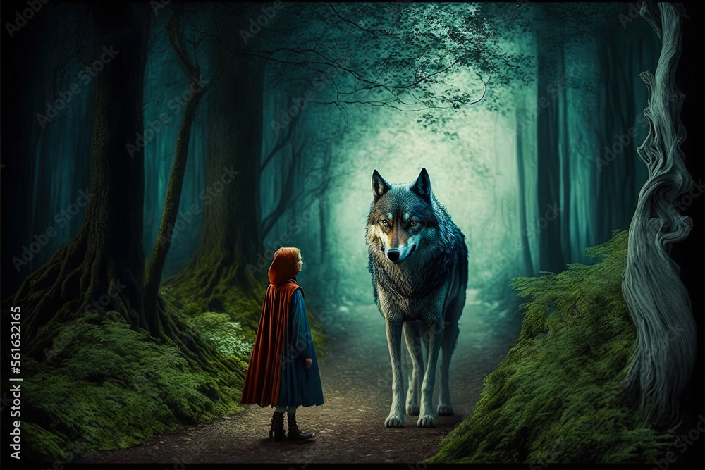 Little Red Riding Hood traveling through a dark and mysterious forest ...