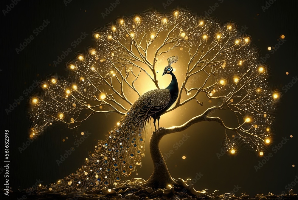 gold feather peacock bird on golden leaves tree, idea for prosperity ...