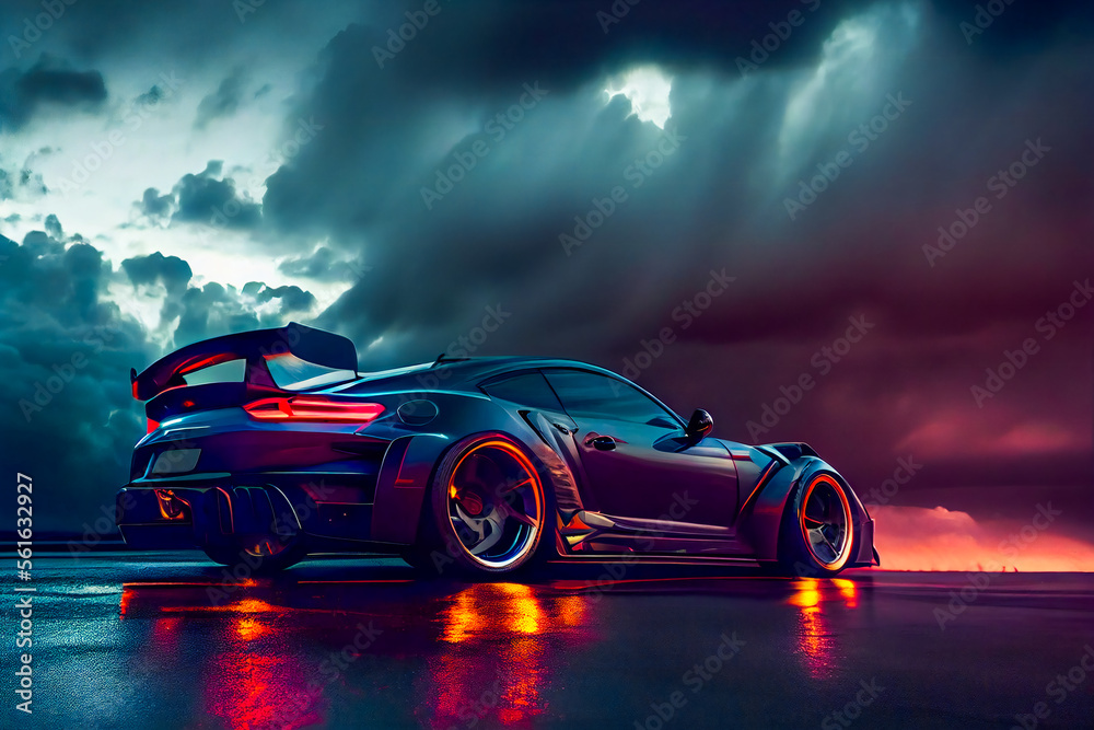 Futuristic sports car on drak dramatic cloudy environment. car riding ...