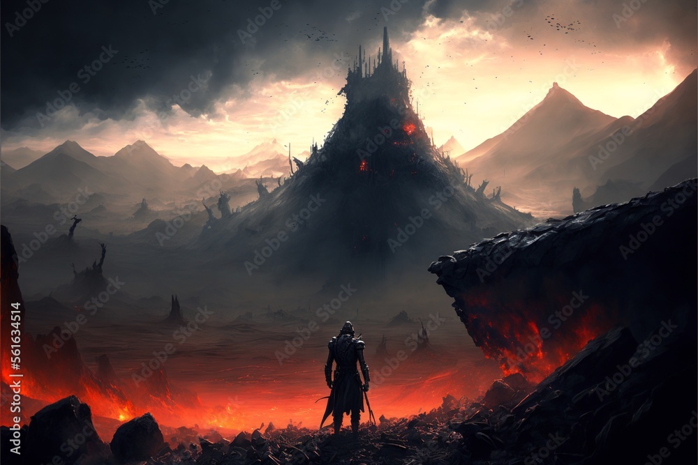 Warrior standing on lava field looking at castle on top of volcano ...