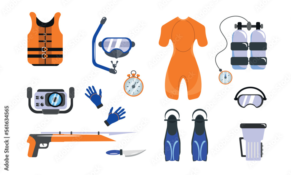 Set of equipment for diving in cartoon style. Vector illustration of ...